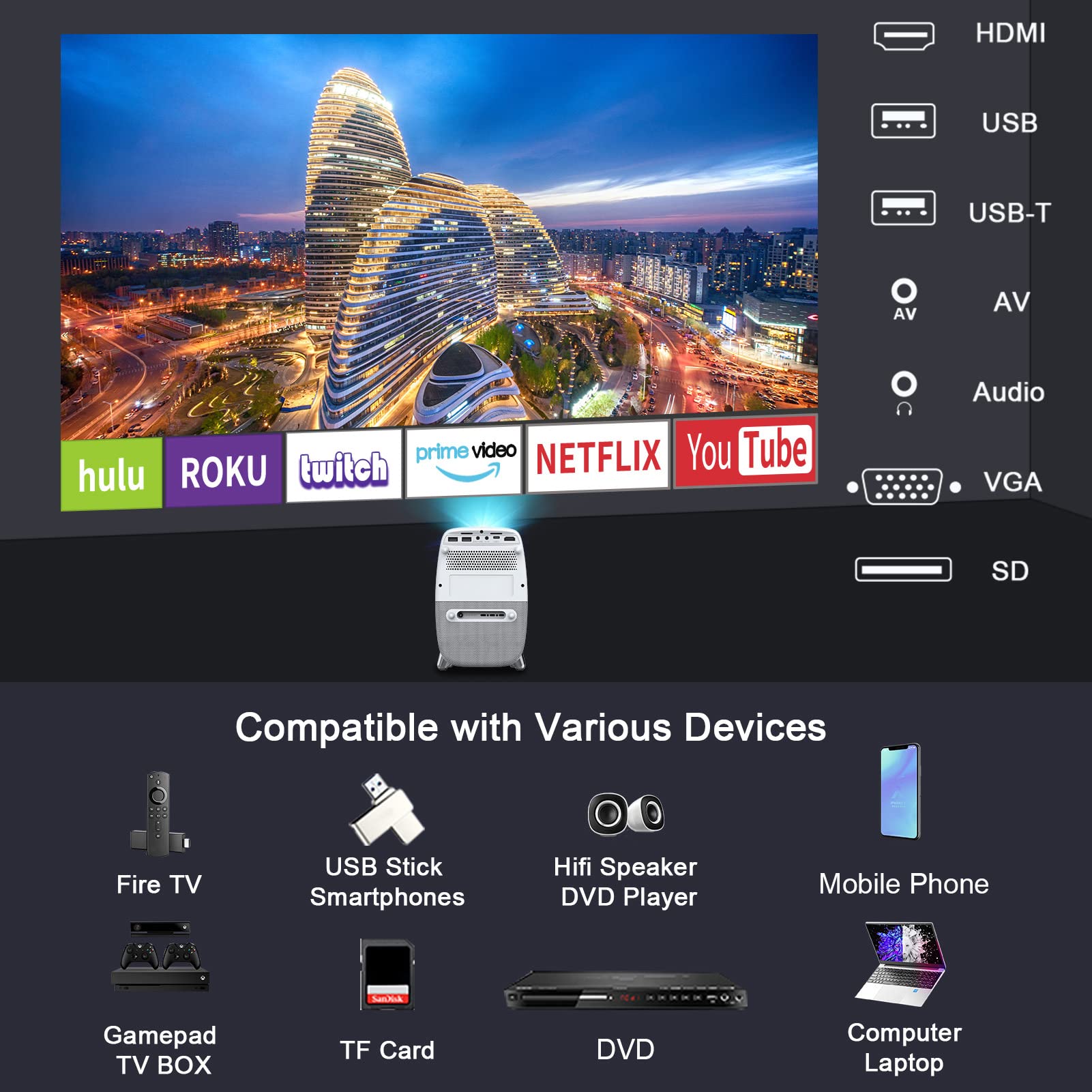 KECAG Projector with WiFi and Bluetooth, Native 1080P 9500L Video Projector with 100'' Projector Screen, Electric Focus, Portable Outdoor Movie Projector Compatible with Smartphone, TV Stick, HDMI