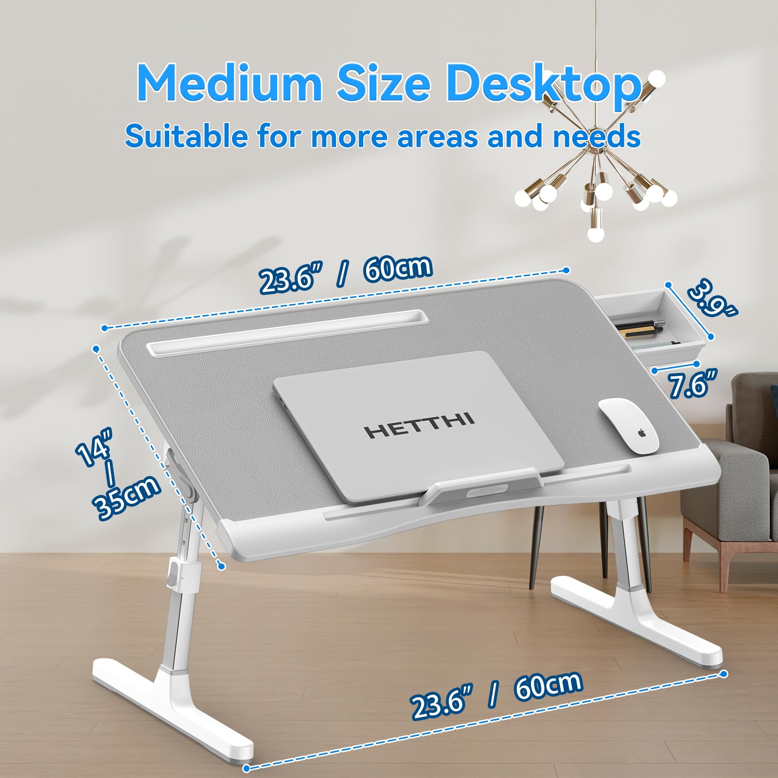 HETTHI Laptop Bed Table, Height & Angle Adjustable Laptop Desk for Bed with Premium Materials, Super Sturdy Foldable Laptop Bed Tray Table with drawer for Bed Couch Floor (Gray, 23.6"×14")