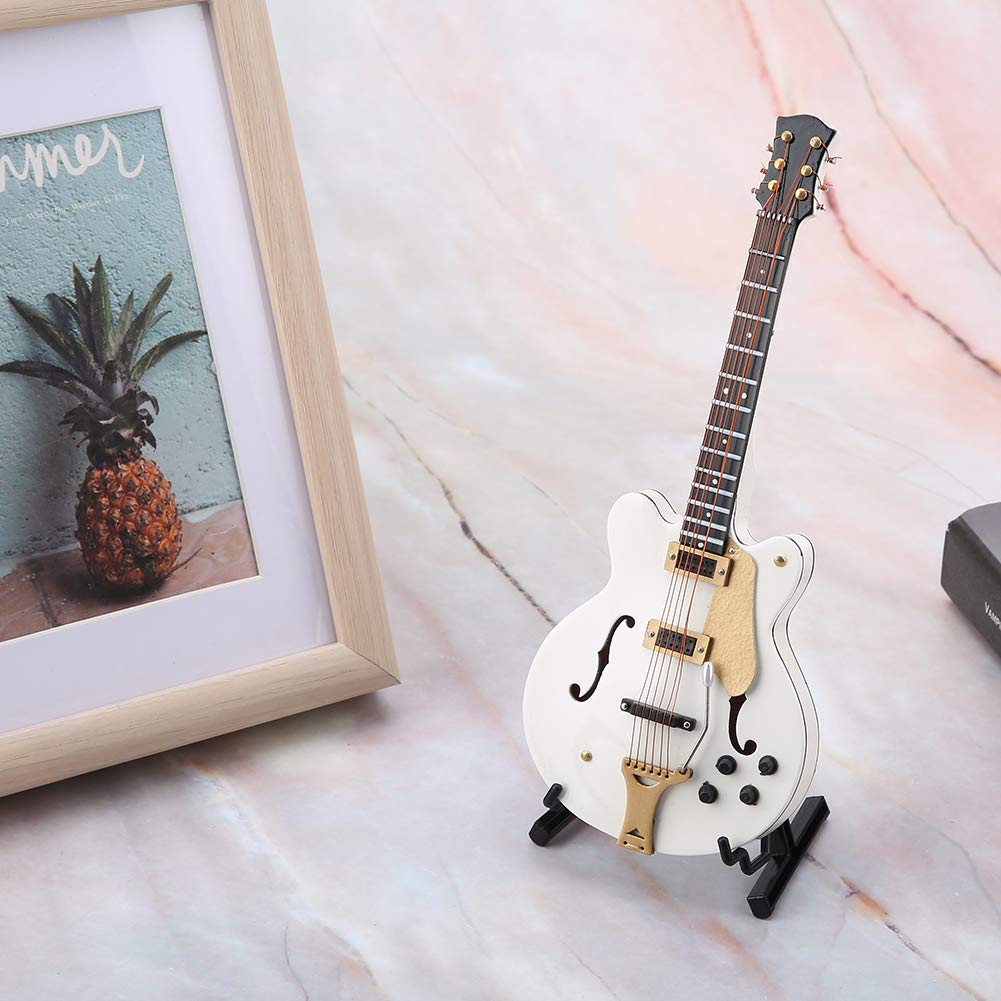 Hilitand White Miniature Guitar, 7in Instrument Model, with Adjustable AFrame Stand, Mini Musical Instrument, Electric Guitar Ornaments, Christmas/Birthday Gift