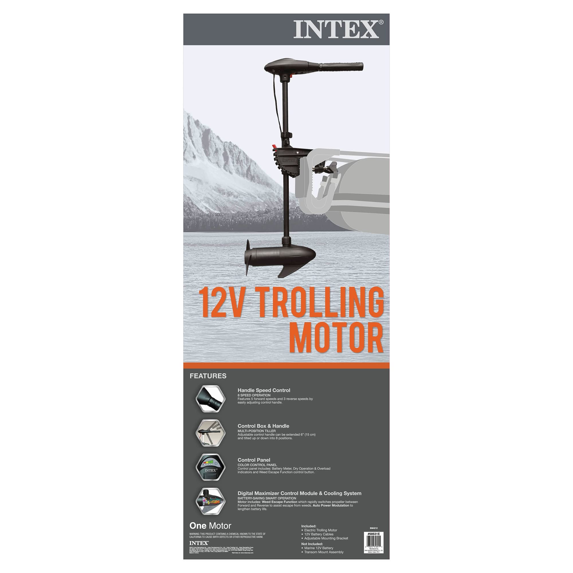 Intex Excursion 5 Person Inflatable Boat Set with 2 Aluminum Oars and Pump, Intex 12V Transom Mount Boat Trolling Motor, and Intex Motor Mount Kit