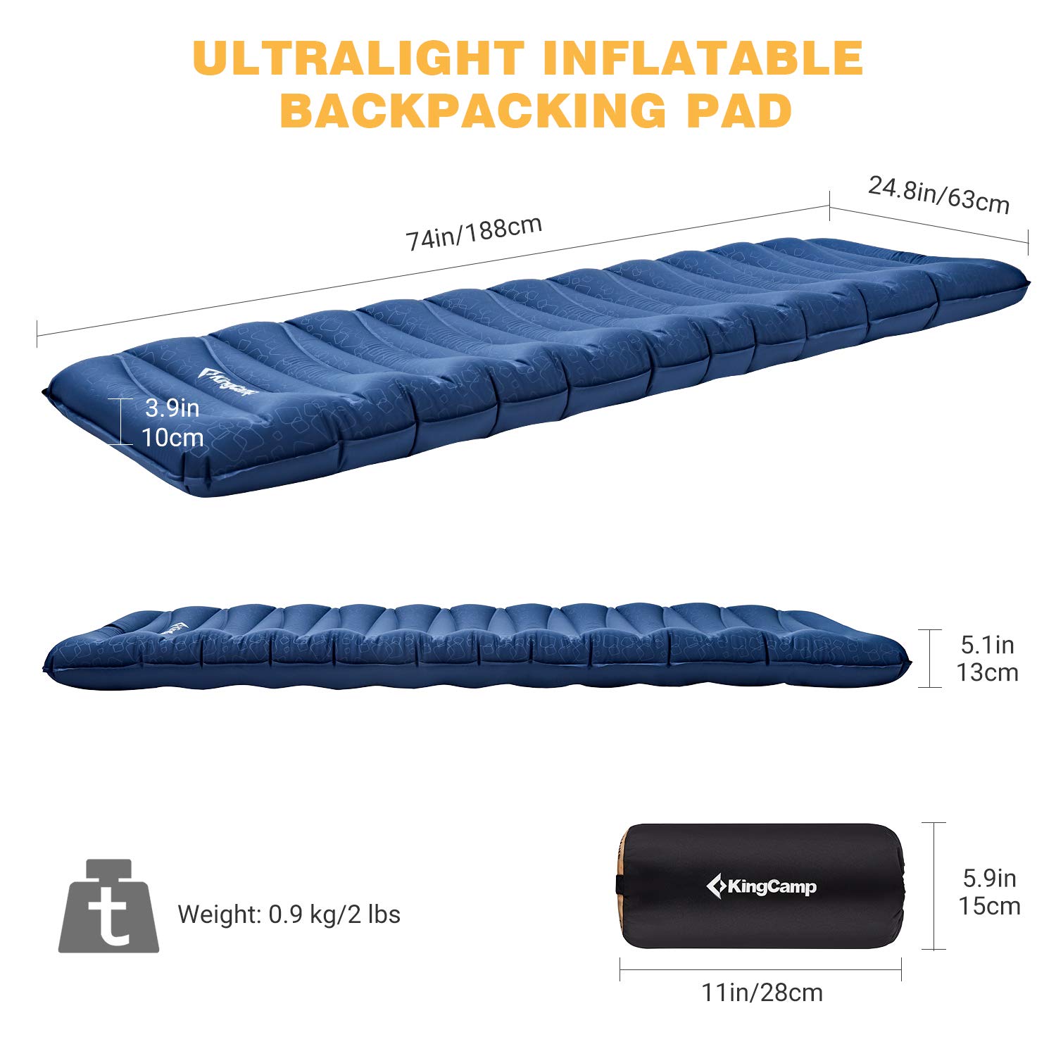 KingCamp Sleeping Pad for Camping Lightweight Camping Air Mattress Comfortable Camping Mat 3.9" Thick Backpacking Sleeping Pad Prevention of Rollover for Camping Cot Bed Tent Hiking Hammock Single