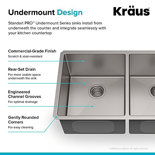 KRAUS Standart PRO™ 33-inch 16 Gauge Undermount 50/50 Double Bowl Stainless Steel Kitchen Sink with WasteGuard™ Continuous Feed Garbage Disposal, KHU102-33-100-75MB