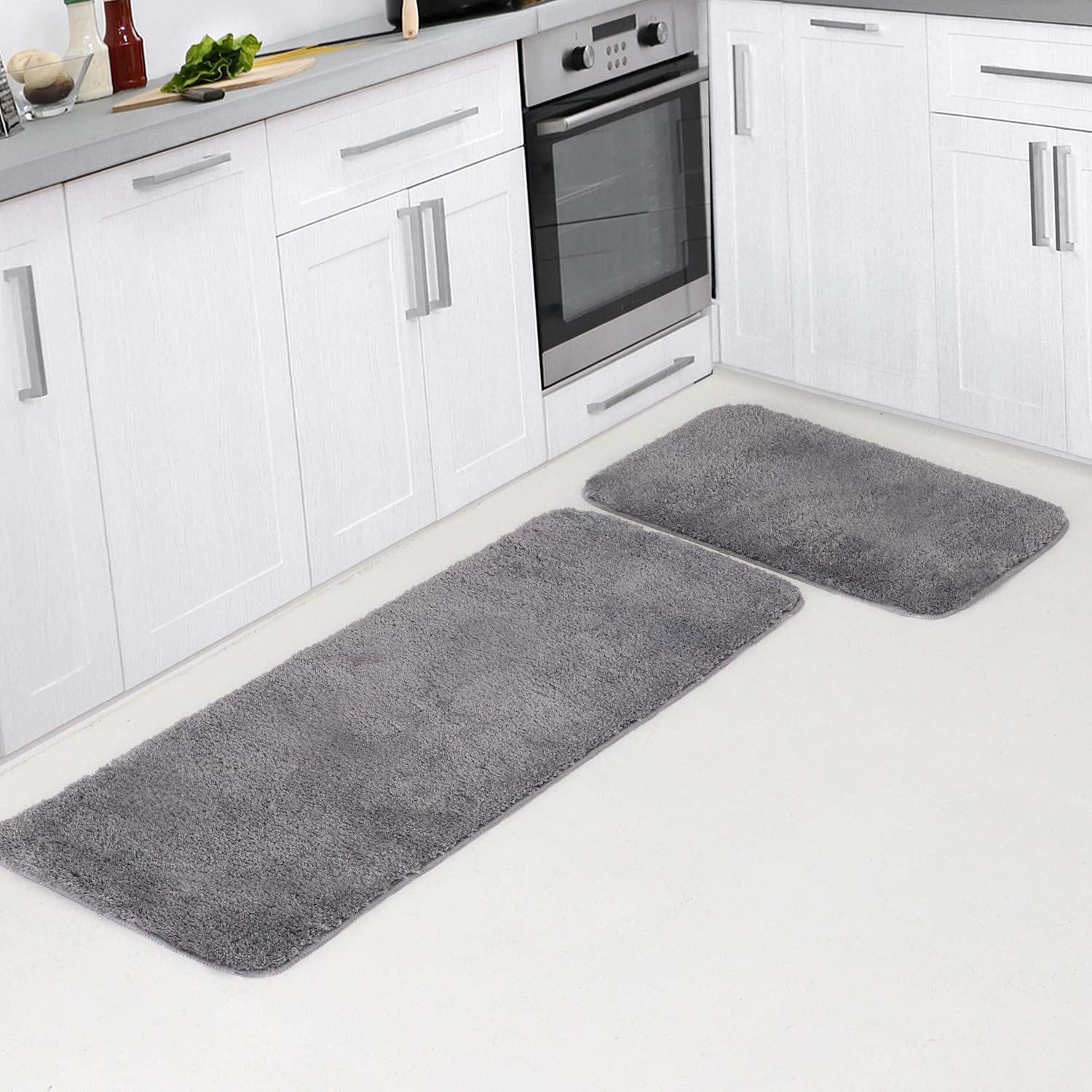 Kitchen Rugs, Anti-Slip Kitchen Rugs and Mats, 2 Pcs Kitchen Mats for Floor, Washable Rug for Kitchen, 17"x48"+17"x24", Grey