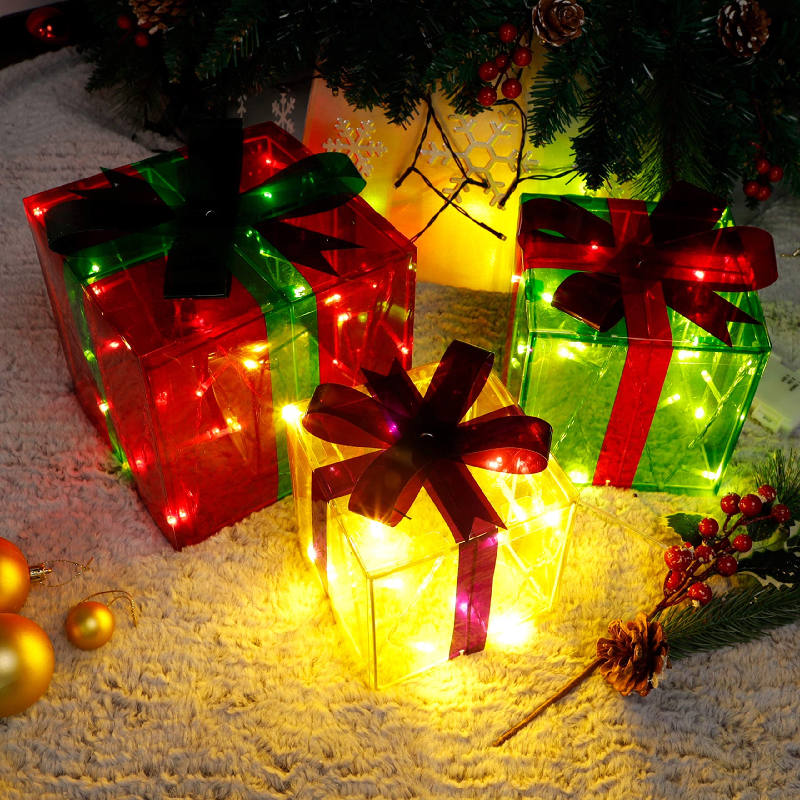 Joliyoou Christmas Lighted Gift Boxes, Set of 3 Light Up 60 LED Deocr Outdoor, Light Up Christmas Boxes Present Decorations Outdoor Yard Red Green Yellow