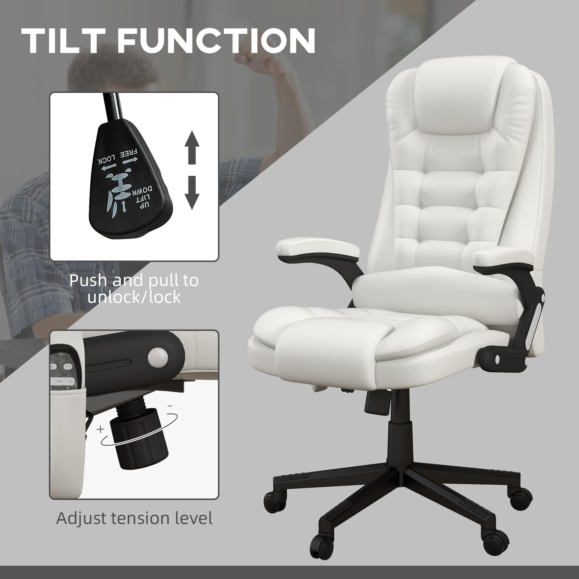 HOMCOM High Back Vibration Massage Office Chair with 6 Vibration Points, Heated Reclining PU Leather Computer Chair with Armrest and Remote, White