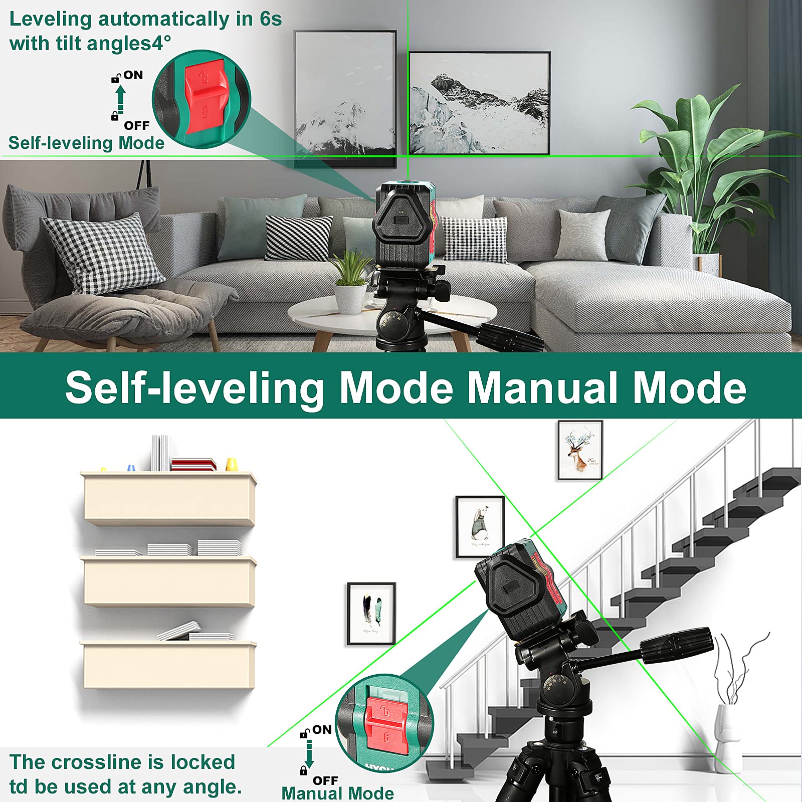 Laser Level-HYCHIKA Self Leveling Laser Level 50ft Self leveling Green Cross Line Laser Level Line Tool with Battery Magnetic Base for Construction Picture Photo Hanging (Green-1)