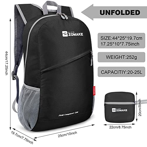 ZOMAKE 20L Small Packable Hiking Backpack for Women Men - Lightweight Travel Hiking Daypack - Water Resistant Foldable Day Pack for Camping Outdoor Sports (Black)