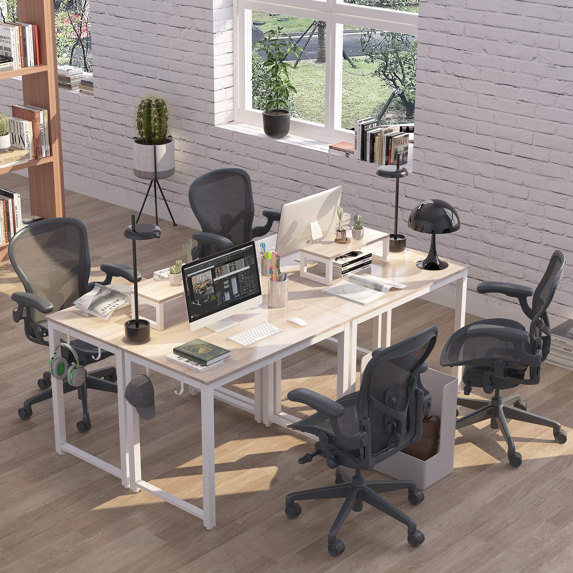 JSB Small Computer Office Desk 39" with Freely Move Monitor Stand and 4 Hooks, Study Writing Table PC Home Office Desk - Natural & White