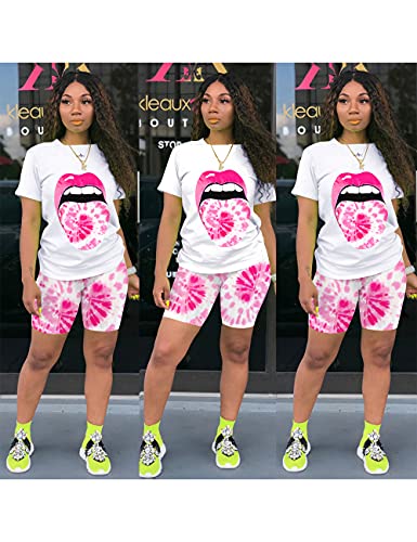 KANSOON 2 Piece Outfits for Women Summer Lips Print Short Sleeve T- Shirts and Shorts Tracksuit Set Lips-Pink S