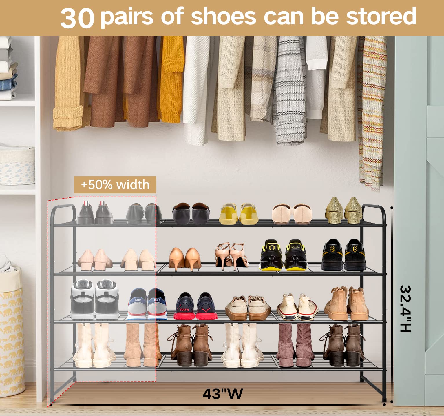 KEETDY Over the Door Shoe Organizer with 8 Deep Pockets and 4-Tier Long Shoe Rack for Closet