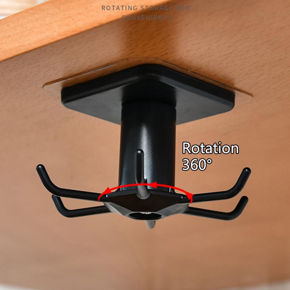 HQahnekme 2pcs 360 °Rotation Utility Hooks,Under Cabinet Kitchen Hooks,Nail Free Adhesive Kitchen Utensils Hanging Hooks for Kitchen Utensils/Tools/Towel/Knife(Black)