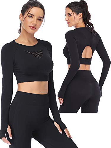 JOLLMONO Workout Sets for Women 2 Piece Yoga Gym Outfits Seamless Ribbed Leggings with Long Sleeve Tops(8003M-Black)