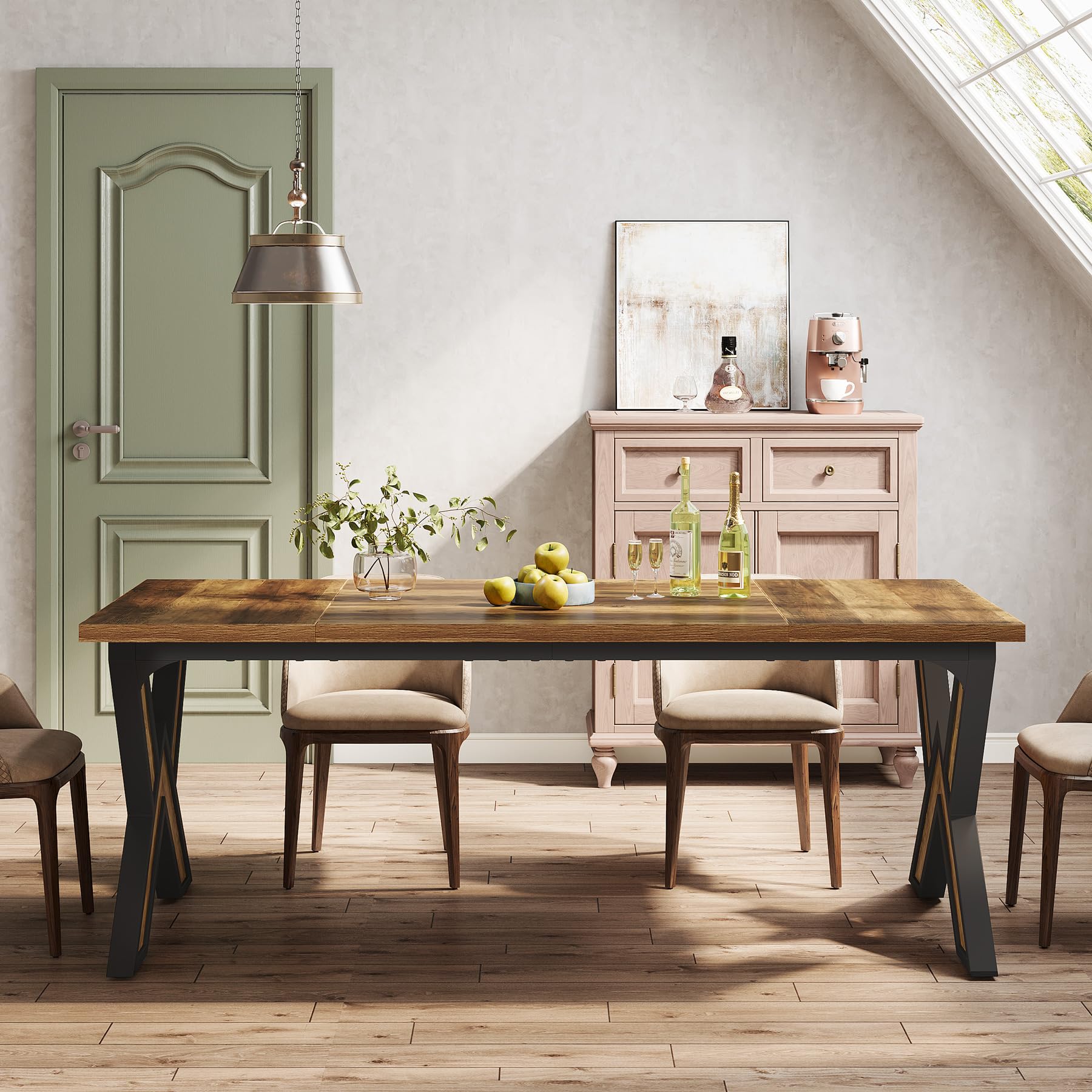 Tribesigns 63" Farmhouse Dining Table for 4-6, Rectangular Kitchen Dinner Table with Unique Legs, Wood Kitchen & Dining Room Furniture, Rustic Brown & Black