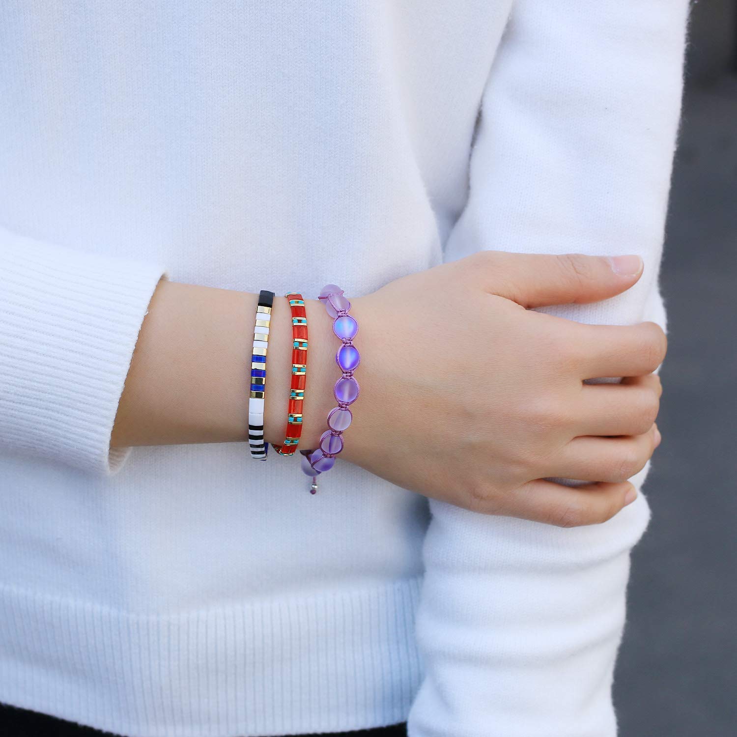KANYEE Bracelets for Women Moonstone Beaded Bracelet Colorful Friendship Bracelet Boho Adjustable Bracelets(Purple