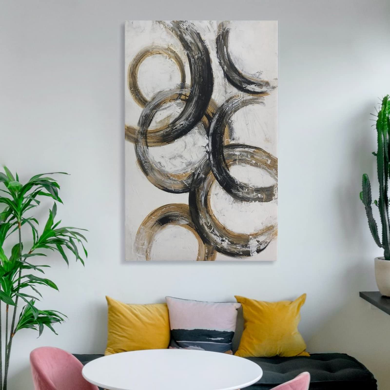 Hand-Painted Abstract Oil Painting Black White Circle Fine ArtHandmade Modern Acrylic Artwork Texture Painting Original Paintings Canvas Wall Art16x24inch(40x60cm)