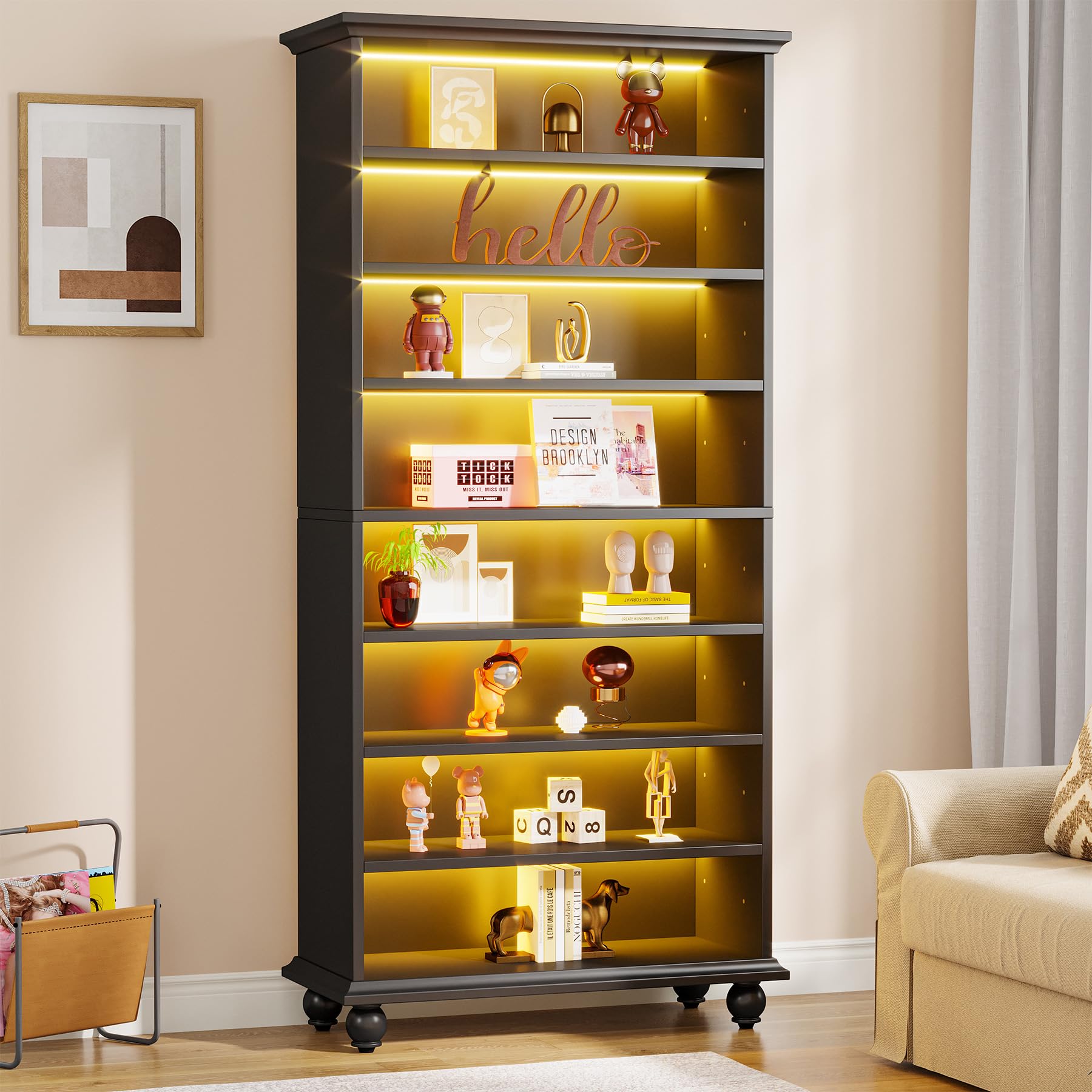 Tribesigns 69-Inch Tall Bookcase with LED Lighting, Modern 9-Tier Freestanding Bookshelf with Solid Wood Legs, Wooden Open Display Shelf Organizer for Living Room, Home Office (1, Black)