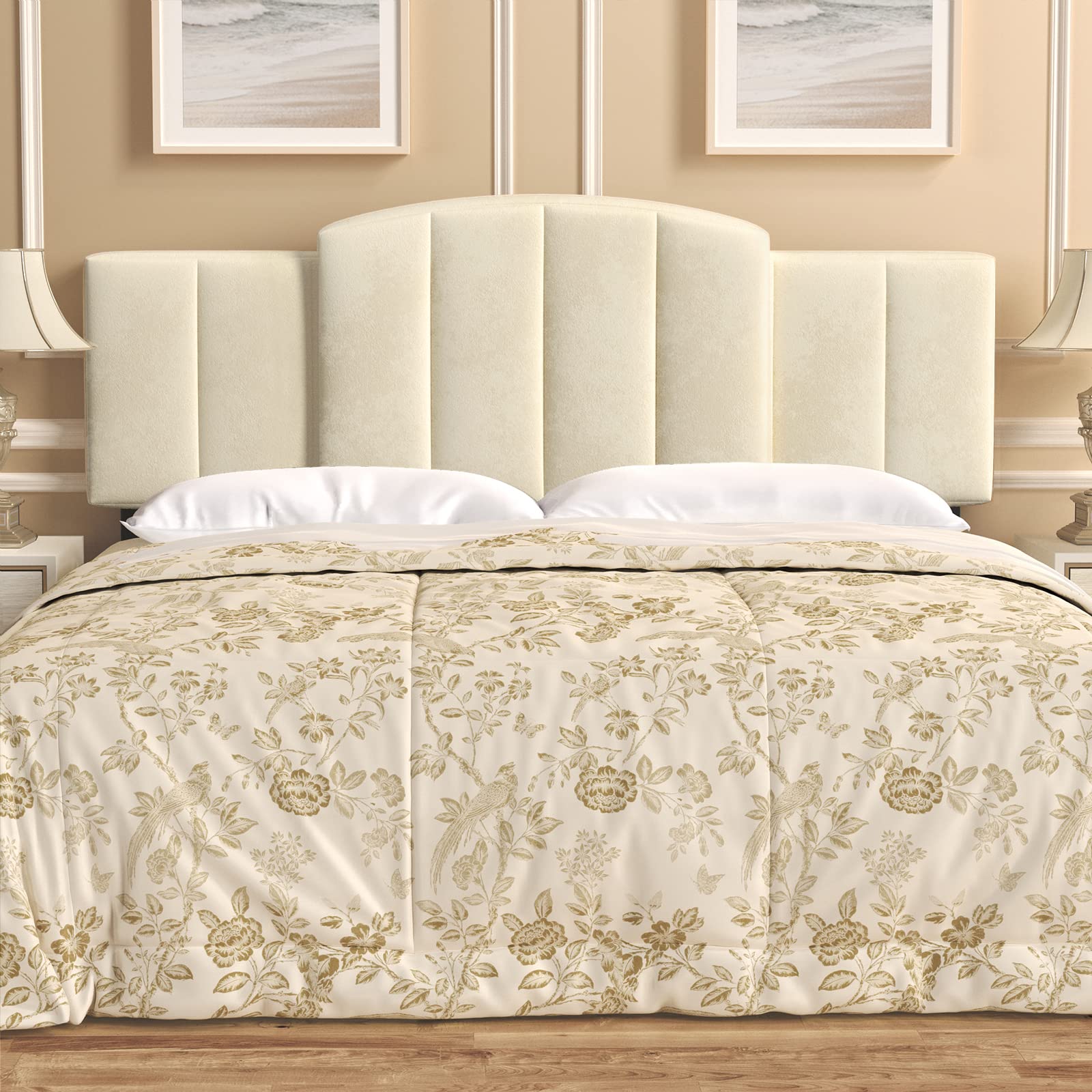 Iccequee Bed Headboard Velvet Upholstered Curved Top Design Full/Queen/King Size 3 in 1, Heights from 37 to 49 inch Adjustable White Set of 1
