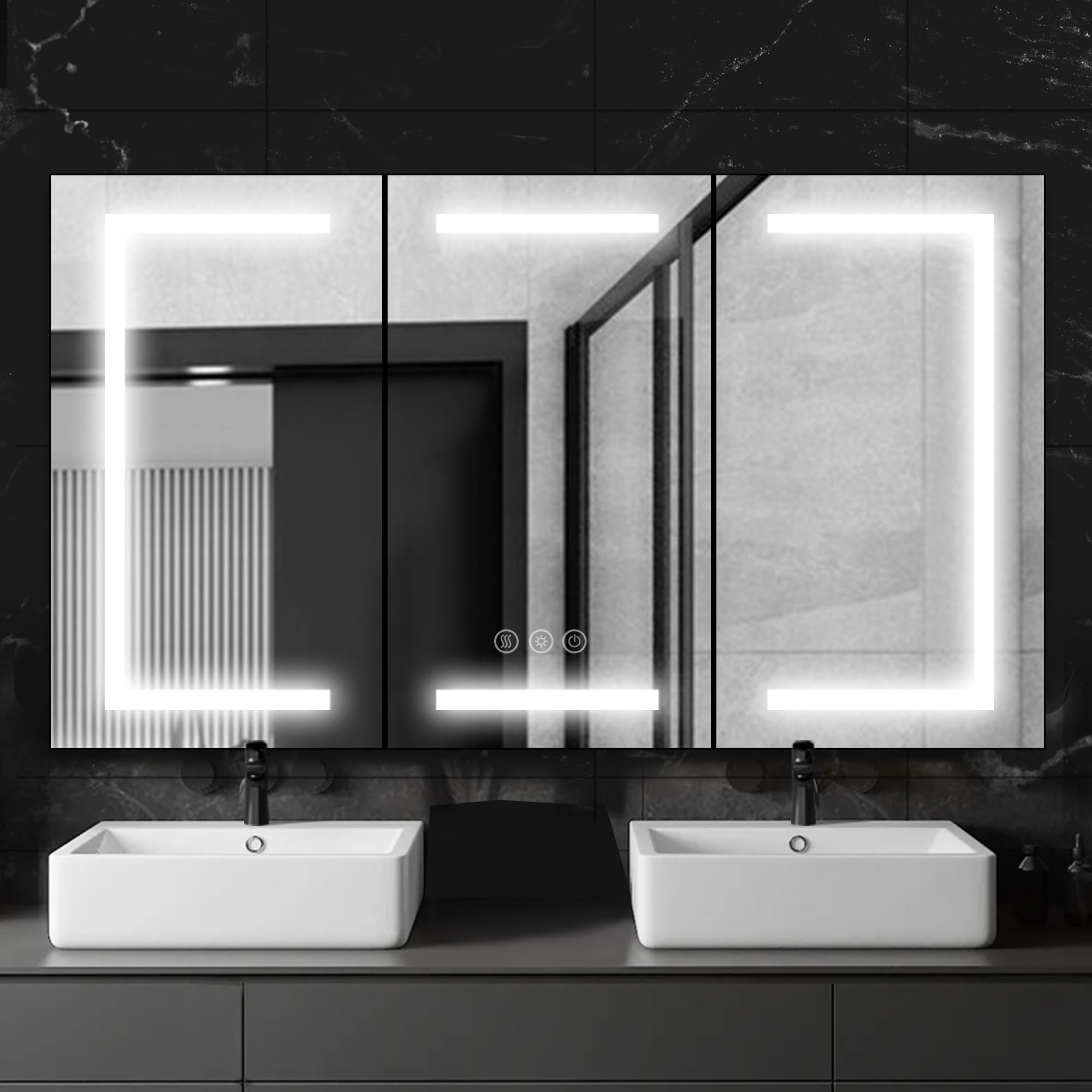 THNIKRE Lighted Medicine Cabinet Mirror, Black 48*30 Inch Bathroom Medicine Cabinets with Lights LED, Large Bathroom Mirror with Storage Waterproof Aluminum Outlets & USB Anti-Fog Adjustable Lightness