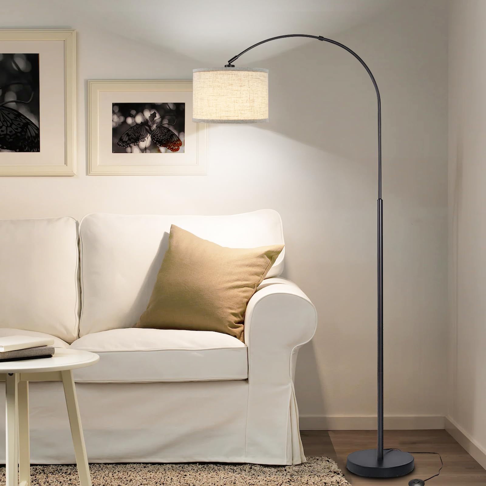 Lambaolom Arc floor lamps for living room,mid century modern black Standing tall lamp with Adjustable Hanging Drum Shade Foot Switch,for Over Couch Arched Reading Light Bedroom Office 9W LED Bulb