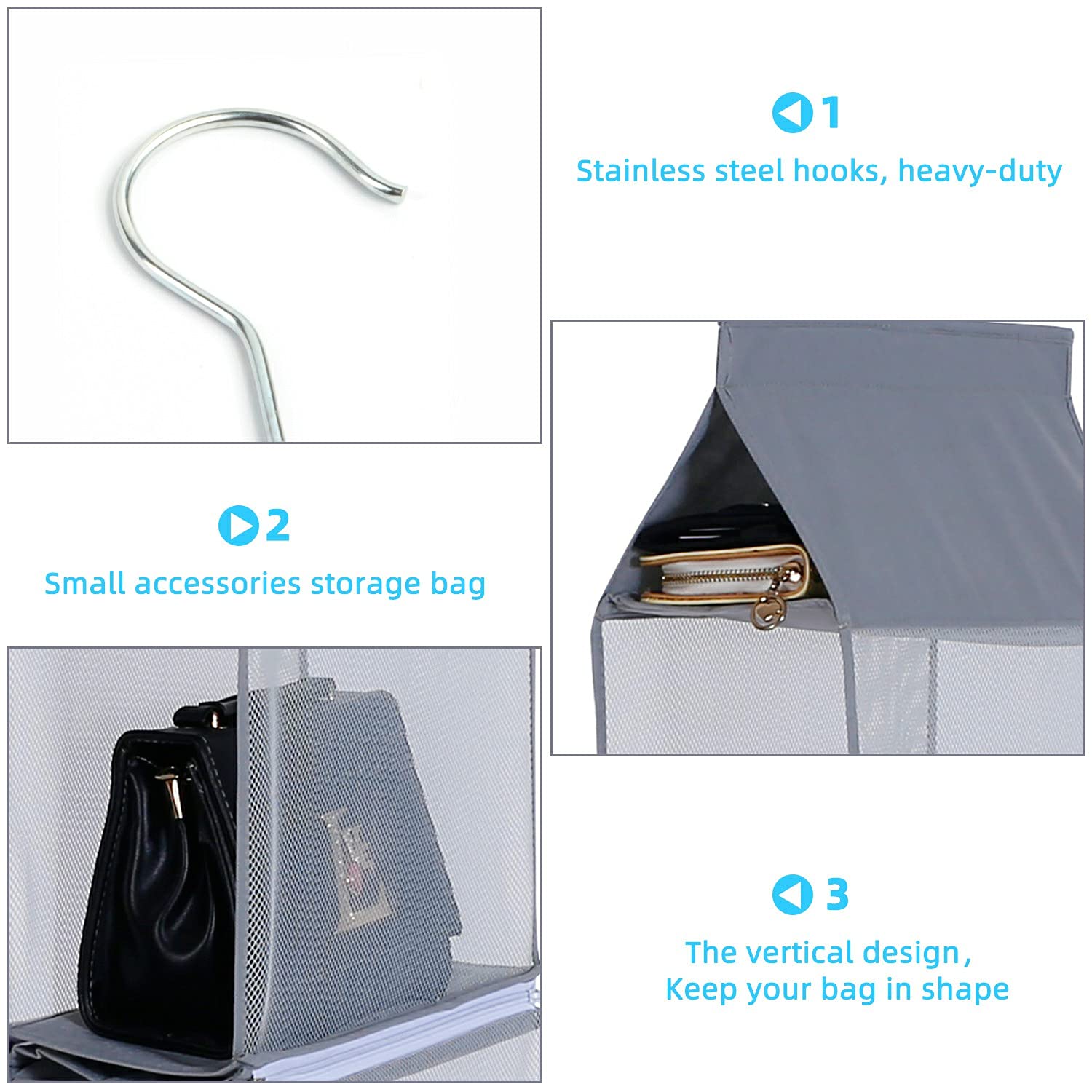 KEEPJOY Detachable Hanging Handbag Purse Organizer for Closet, Purse Bag Storage Holder for Wardrobe Closet with 4 Shelves Space Saving Purse Organizers System (Pack of 2 Grey)