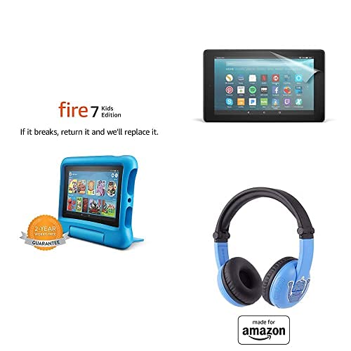 Kids Fire 7 Tablet (16 GB, Blue) + NuPro Screen Protector (2-Pack) + BuddyPhones PlayTime Headphones (Blue)