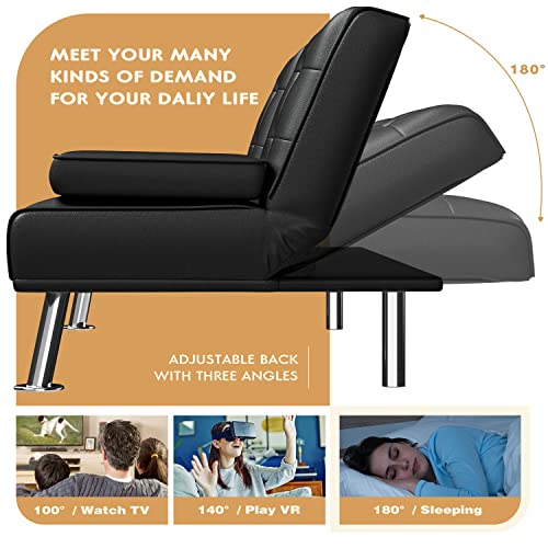 YESHOMY Convertible Folding Futon Sofa Bed Sleeper Couch for Living Room Faux Leather Upholstered Loveseat w/Removable Armrests, Metal Legs, 2 Cup Holders, Dark Black