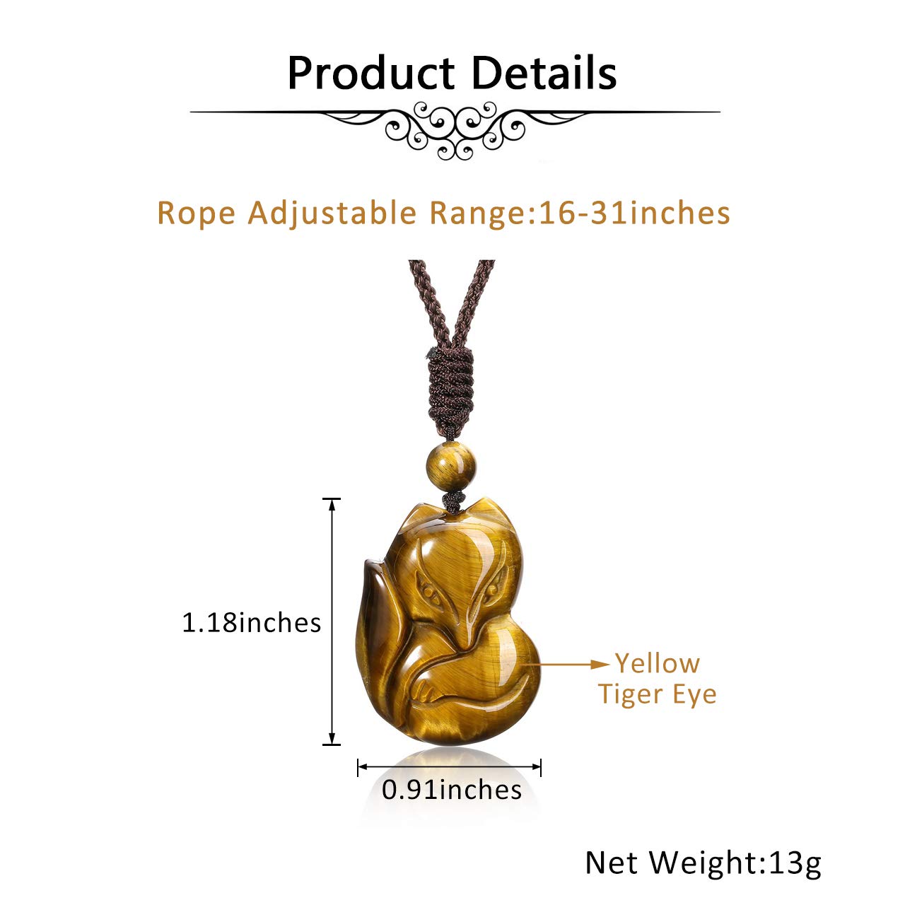 Jovivi Healing Crystal Necklace Natural Tiger Eye Stone Fox Lucky Charm Amulet Bead Pendant Necklace Gemstone Jewelry Adjustable Rope