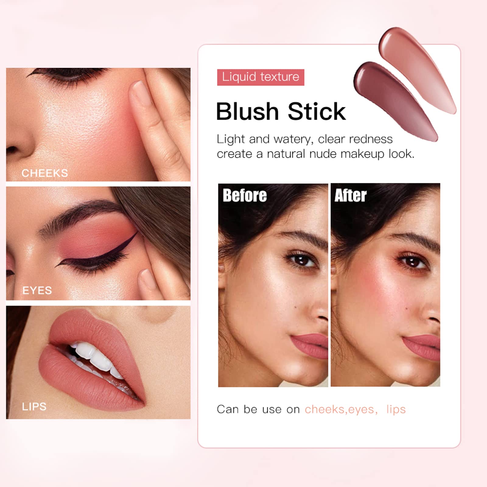 Liquid Blush Stick, Multi-Use Blush Beauty Wand Makeup for Face Cheeks, Silky & Smooth Waterproof Matte Liquid Blush Stick with Cushion Applicator, Natural Looking Face Tint Blush Makeup(#02 Blush)