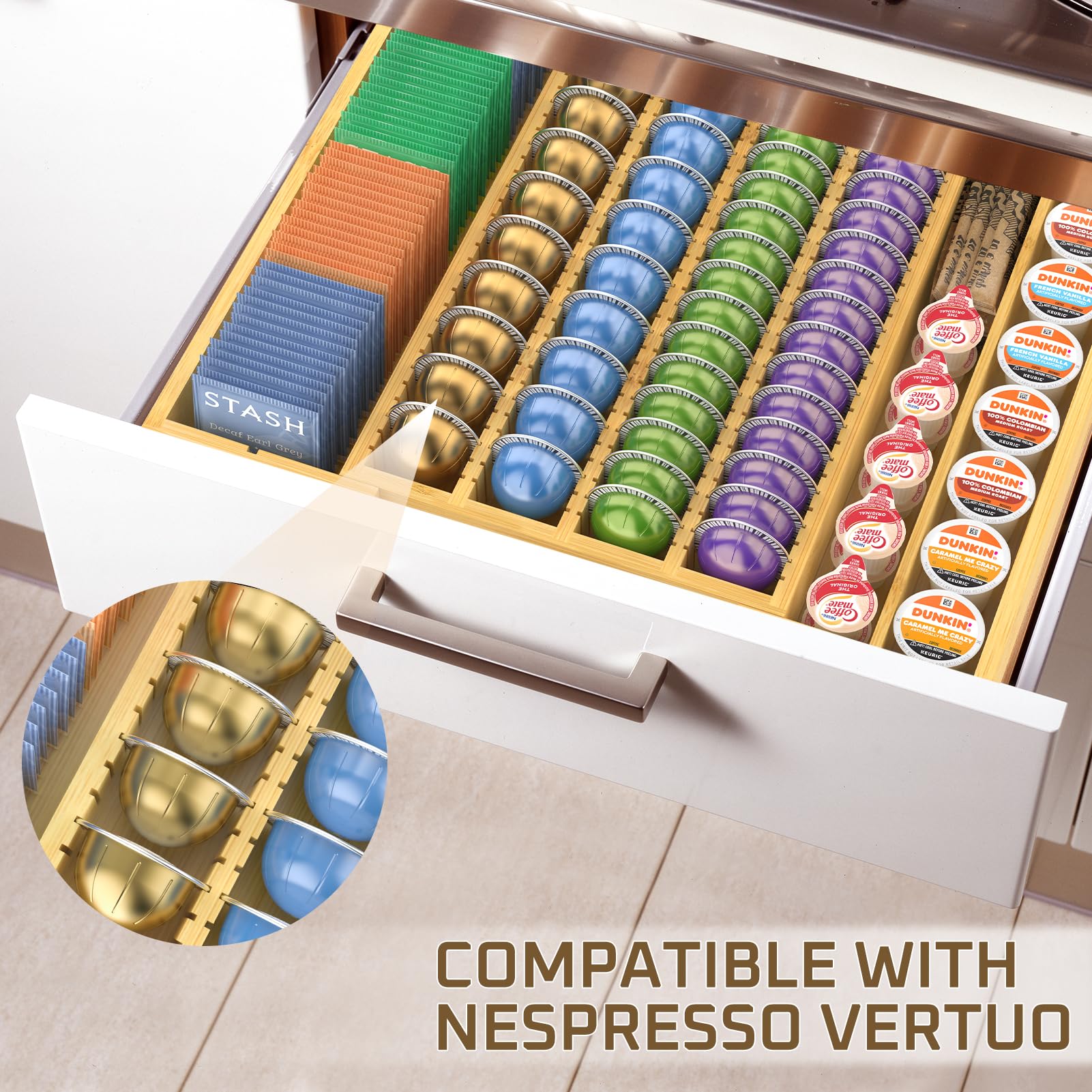 KMOTASUO Bamboo Coffee Pod Storage Holder Drawer Insert, Expandable Coffee Pods Organizer for Counter, Compatible with Vertuo Vertuoline Capsules for Kitchen Coffee Station (Expandable)
