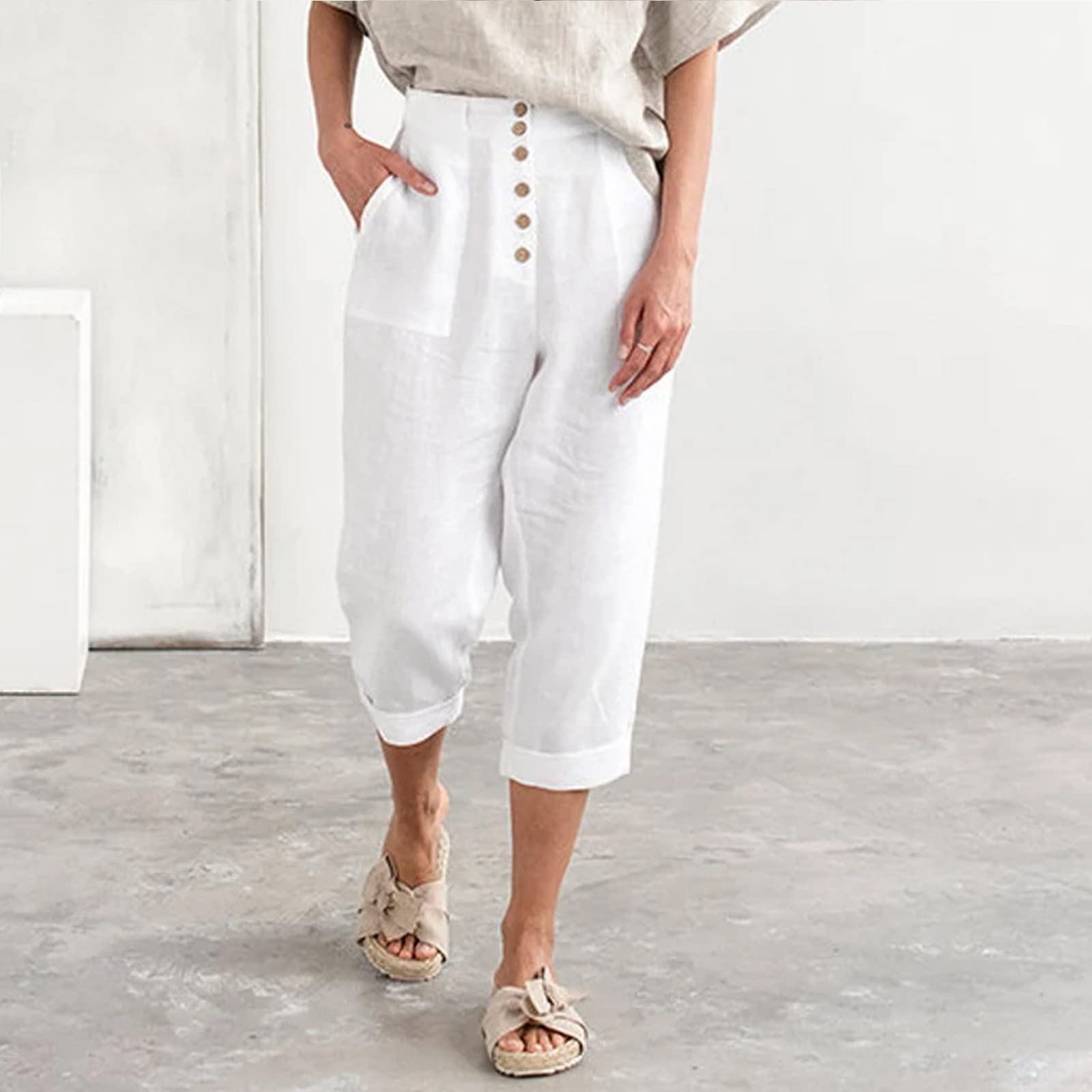 Mackneog Crop Lightweight Women's Printed Linen Capri Pants Loose Fit Casual Loose Womens Pull On Capri Cotton Loose Fitting White