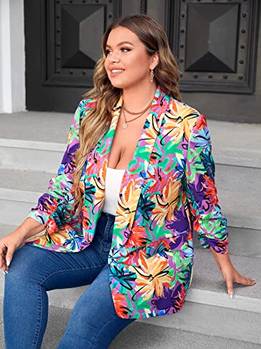 WDIRARA Women's Plus Size Floral Print Blazer Button Open Front Long Sleeve Jacket Multicolor 1XL