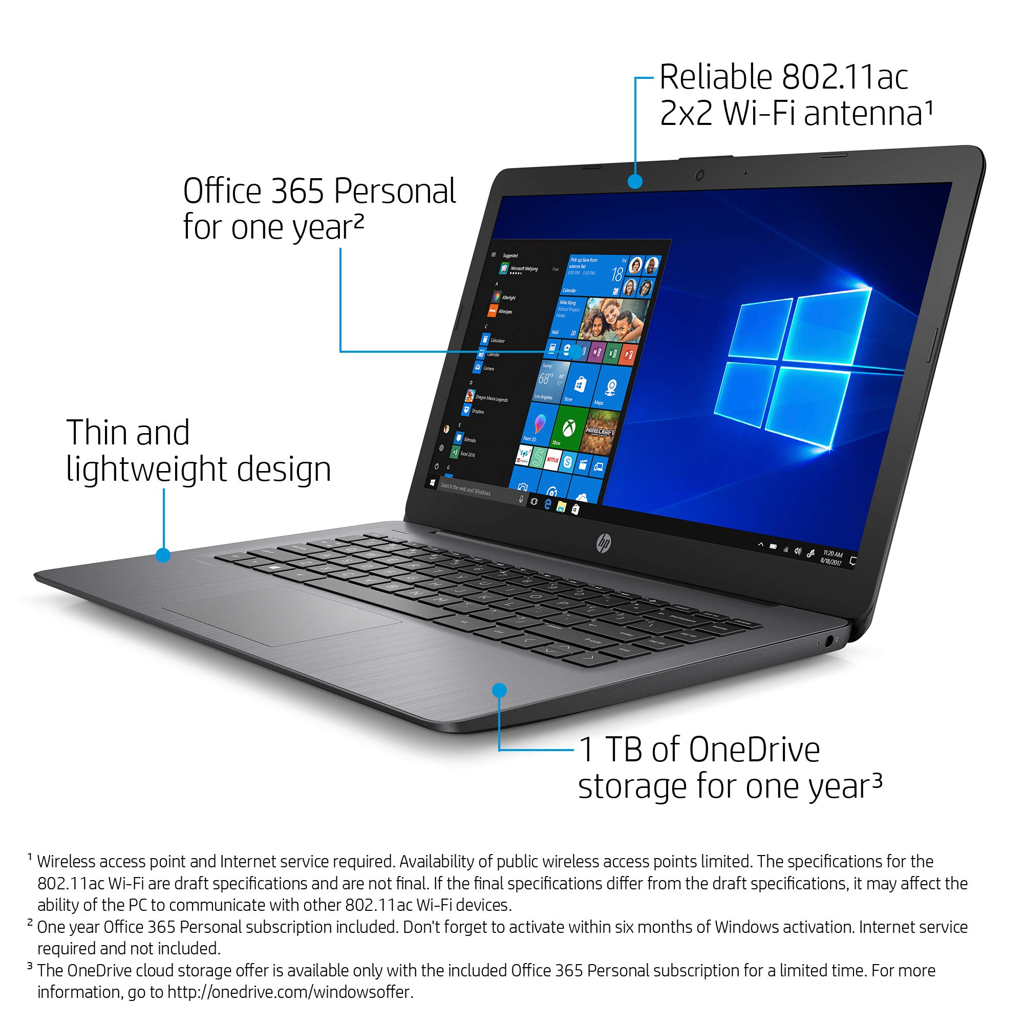 HP Stream 14-Inch Touchscreen Laptop, AMD Dual-Core A4-9120E Processor, 4 GB SDRAM, 64 GB eMMC, Windows 10 Home in S Mode with Office 365 Personal for One Year (14-ds0090nr, Royal Blue)