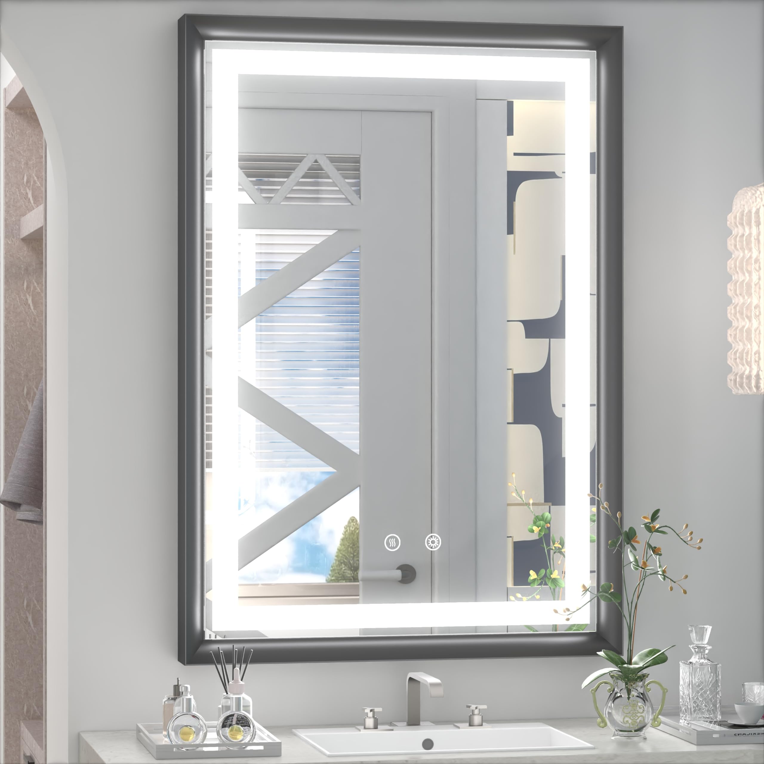JSneijder 2-Piece(Frameless+Framed) LED Bathroom Mirror, 24x36 Inch, Bathroom Mirror with Lights, Wall Mounted Dimmable Anti-Fog Lighted Mirror for Bedroom