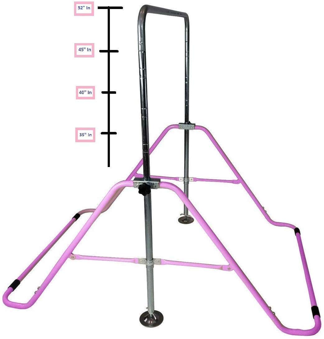 Kids Home Gymnastics Bar Jungle Gym 3 in 1 Set Deluxe Swing Seat, Trapeze Rings, Horizontal Kip Bar Height Adjustable Monkey Bar, Expandable Junior Training Gymnastic Balance Bar, Swing Set (Pink)