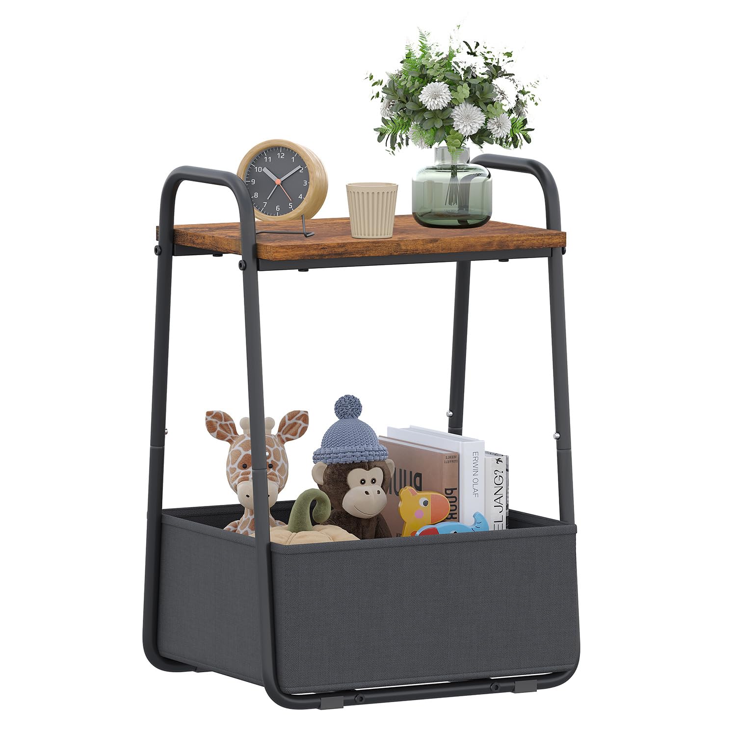 Heybly Side Table Set of 2, Nightstand with Fabric Storage Basket, Sofa End Table with Metal Frame for Living Room, Bedroom, Rustic Brown and Black HET002NSR2