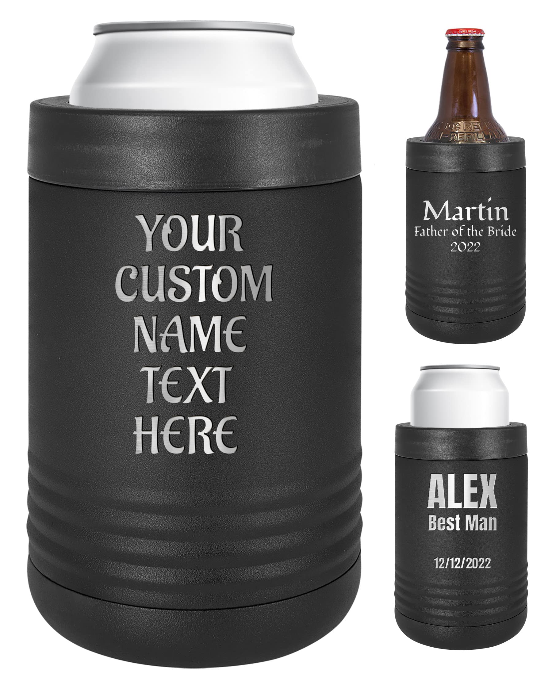 Personalized Stainless Steel Engraved Insulated Beverage Holder Customized Can Cooler with Custom Name Text â Wedding, Birthday, Corporate Gift (Black, Standard)