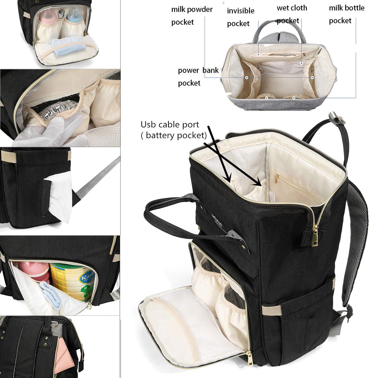 HLMBB Diaper Bag Backpack, Large Capacity for Baby Multifunction Waterproof USB Port (1.Black)