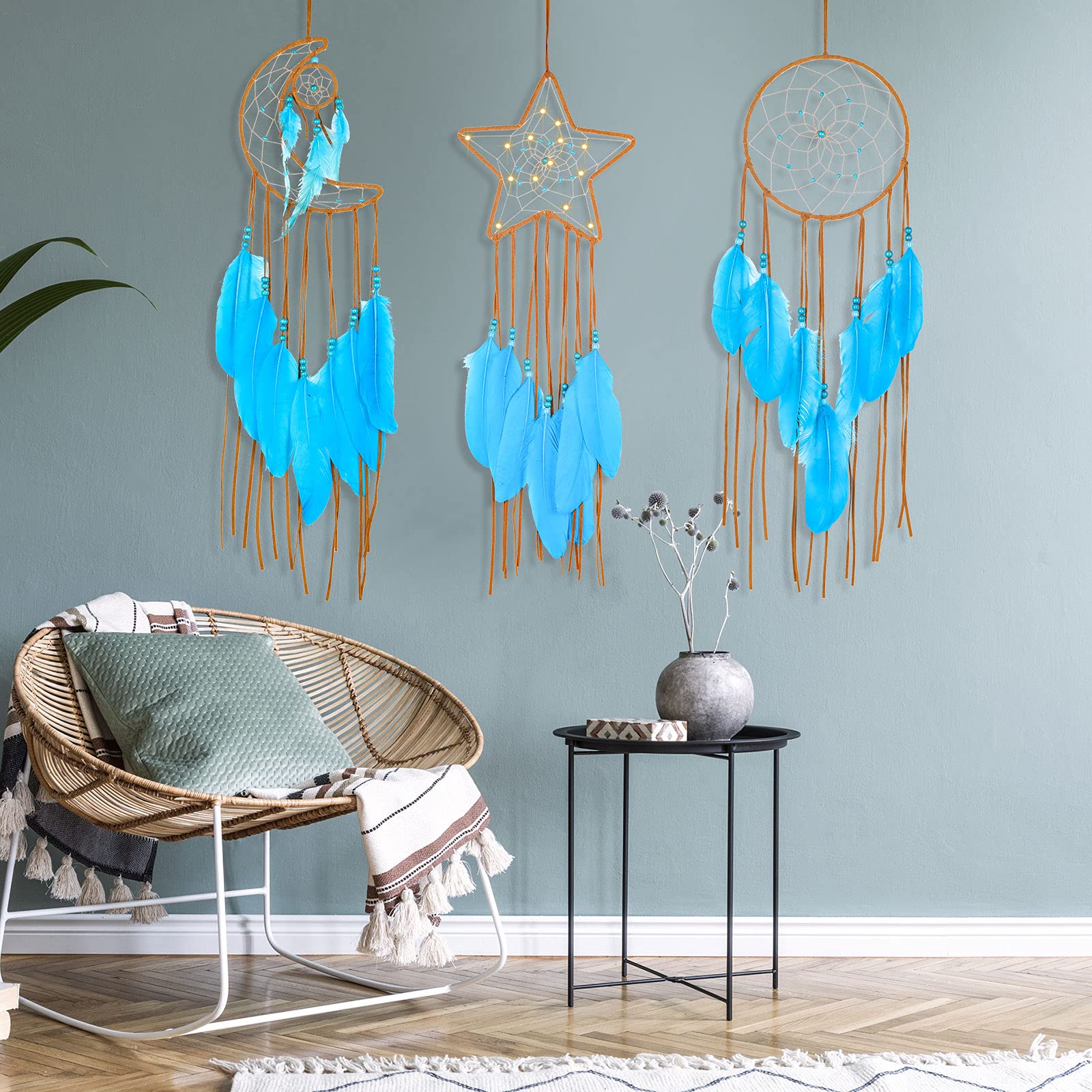 Jetec 3 Pieces Macrame Dream Catcher Moon Sun Star Design Woven Wall Hanging Decor Handmade Traditional Design with 3 LED Light for Wall Hanging Home Decoration (Blue)