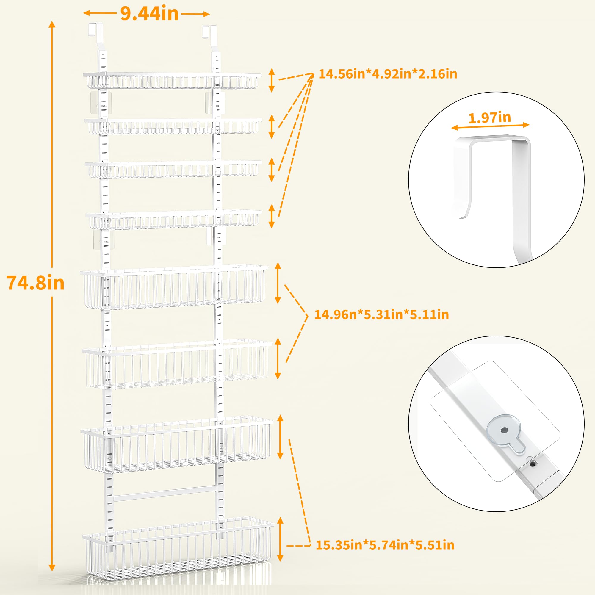 Moforoco Over The Door Pantry Organizer, Pantry Door Organizer Shelves, Kitchen Organizers and Storage, Hanging Basket Wall Spice Rack Seasoning Shelves, Laundry Room Bathroom accessories(White