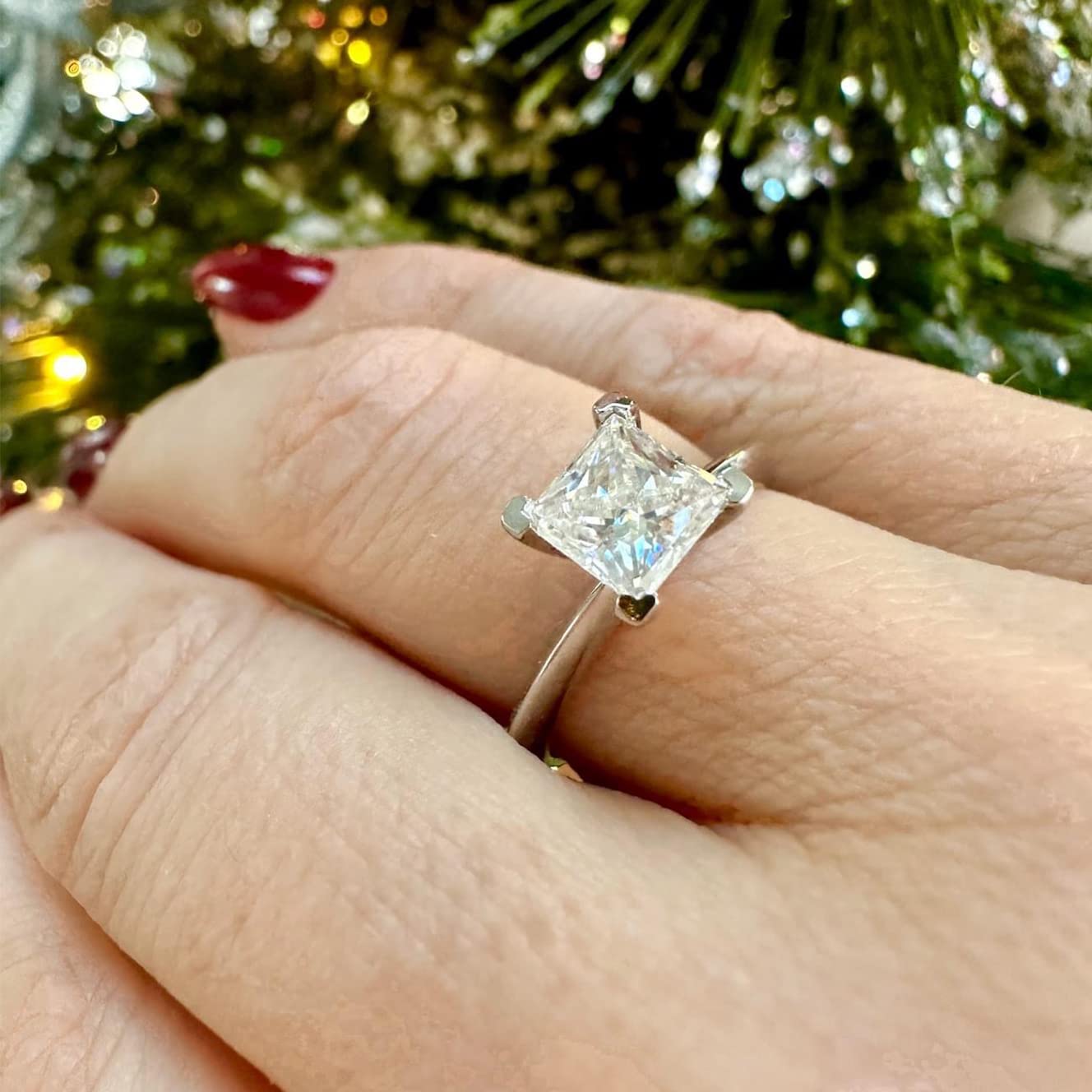 Ladylike Princess Cut Moissanite Engagement Ring for Women, 1ct Sterling Silver Solitaire Engagement Ring, 18K White Gold Plated D Color VVS1 Lab Created Diamond Rings, Size 7