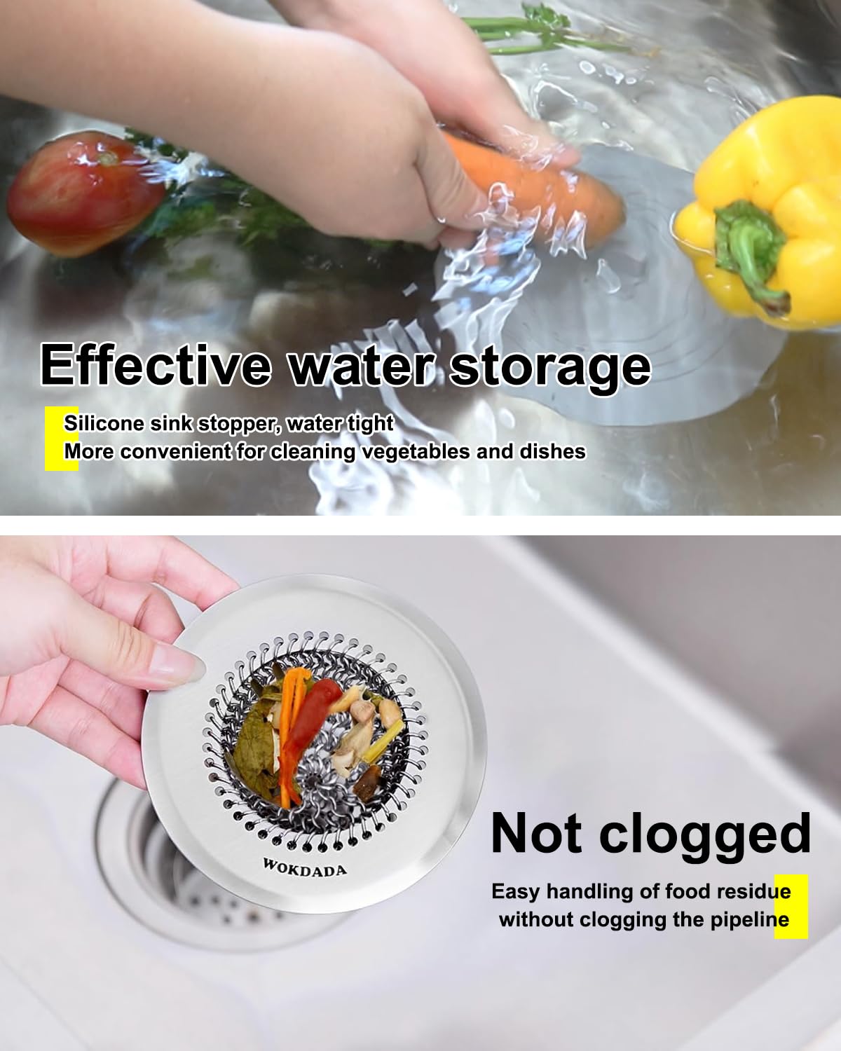 Kitchen Sink Drain Strainer, Flexible Sink Strainer with Stopper, 304 Stainless Steel Anti-Rust Mesh Sink Strainer, Wokdada Revolutionary Clog-Free Food Catcher for Garbage Disposal