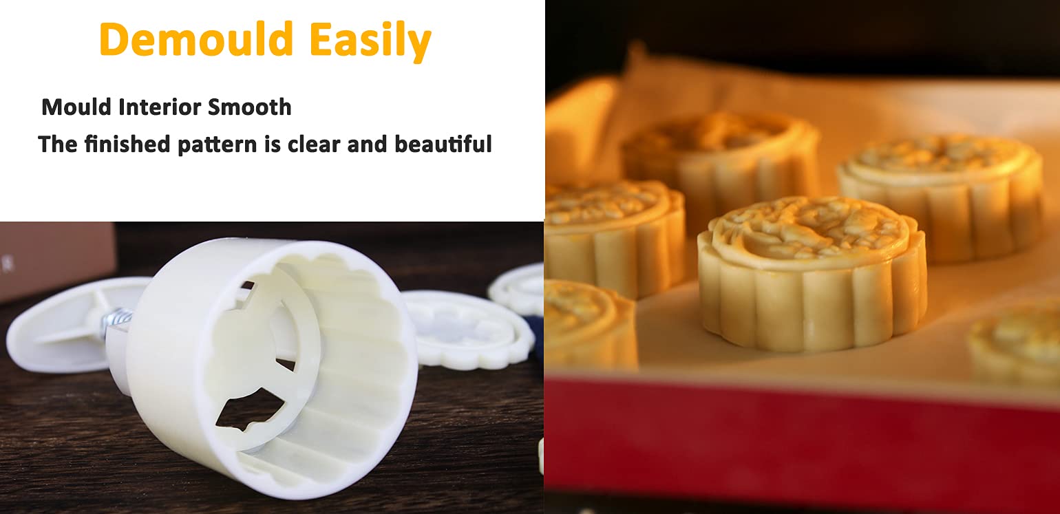 Mooncake Molds Set, Mid-Autumn Festival Hand-Pressure Moon Cake maker 6 pcs for baking, DIY Hand Press Cookie Stamps Pastry Tool(1 Mold, 6 Stamps). (50G)
