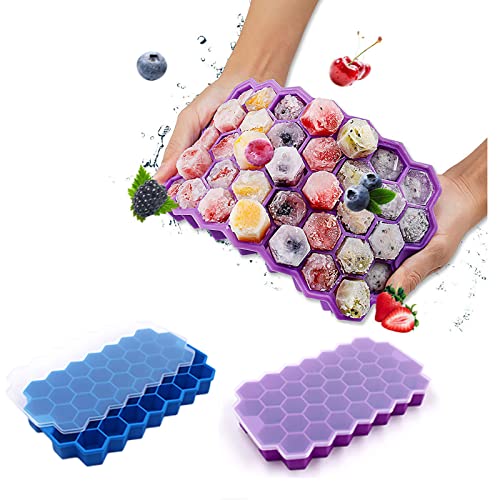 Ice Cube Tray for Freezer 2 Pack Silicone Ice Cube Molds with Lid 74 Cubes Ice Maker Countertop for Drinks Whiskey Cocktails Coffee Milk, Purple & Blue