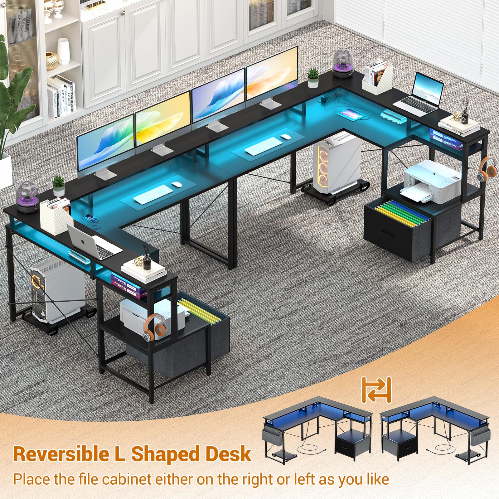 Unikito L Shaped Desk with File Drawer, Reversible L Shaped Computer Desk with Power Outlet & LED Lights, Home Office Desk Corner Desk with Monitor Shelf and Printer Cabinet, Gaming Desk, Black