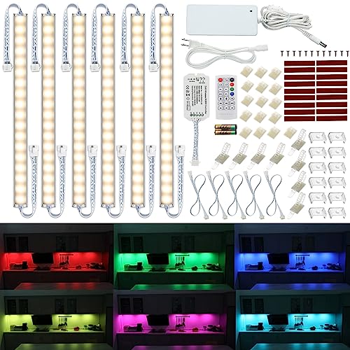 Kitchen Under Cabinet LED Light. RGBW. Color Change & Super Bright Cool White Light. Remote with Dimming. 6 LED Light Bars with Power Adapter, Extension Cable. Plug in. Easy to Install. RGB + 4000K.