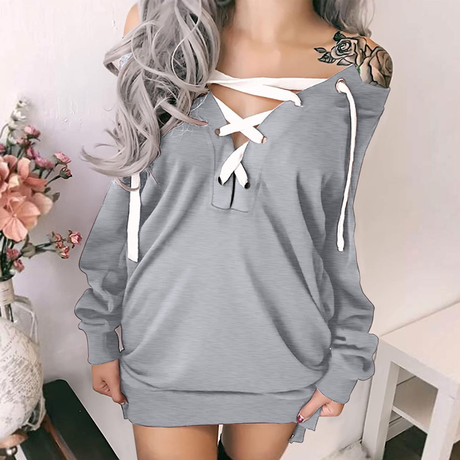 Keepfit Women's Lace Up V-Neck Sweatshirt Dress Raglan Long Sleeve Spring Fall Drawstring Solid Mini Dress Gray