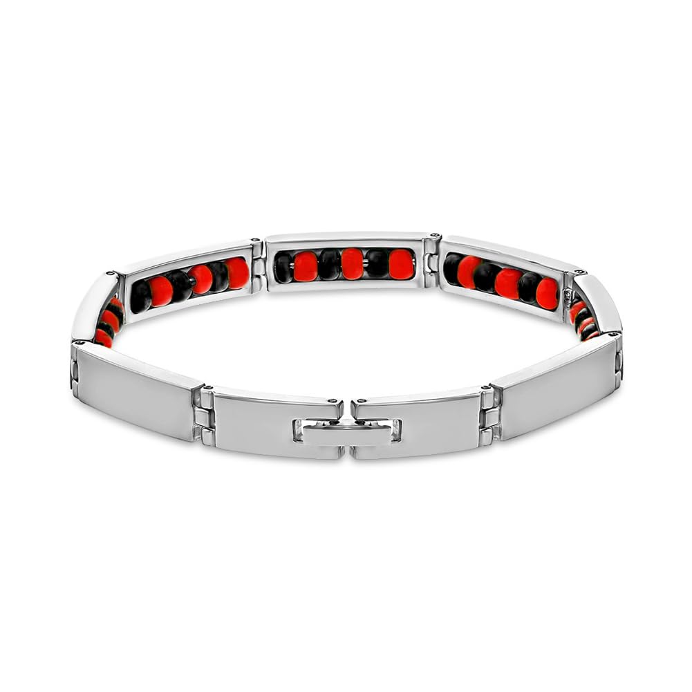In Season Jewelry Stainless Steel Evil Eye Protection Link Wristband Inside Beaded Elegua Bracelet for Adult Men and Women - Traditional Evil Protection Red and Black Beaded Elegua Bracelet