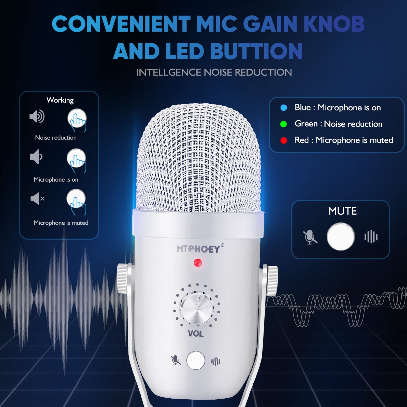 MTPHOEY USB Podcast Microphone,Pro Computer Condenser Gaming Mic for PC/Laptop/Phone/PS4/5 with Noise Cancelling,Metal Asmr Microphone Plug&Play, Mute Button for Streaming,Podcast,Gaming,TikTok