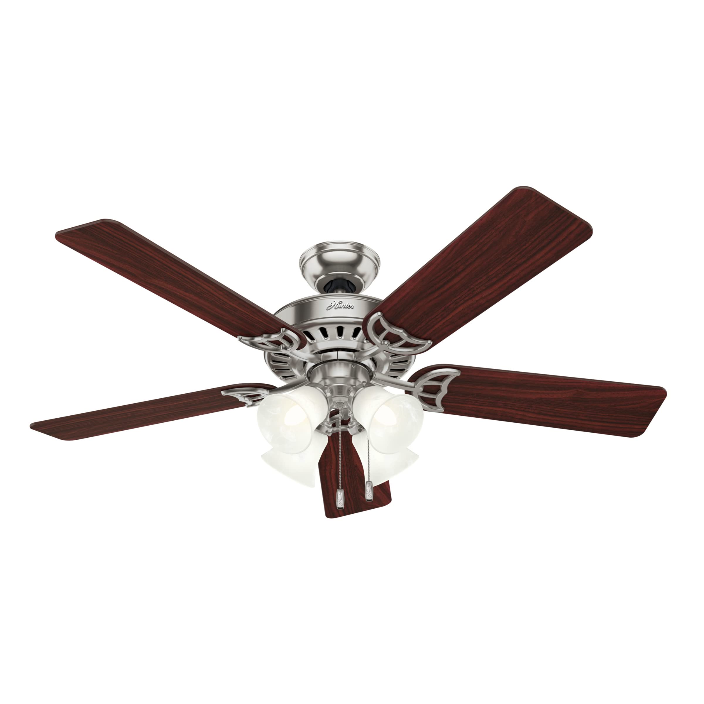 Hunter Fan Company 53063 Studio Series 52 Inch Ceiling Fan with 4 Covered Energy Efficient LED Lights and Pull Chain Control, Antique Brass, 52