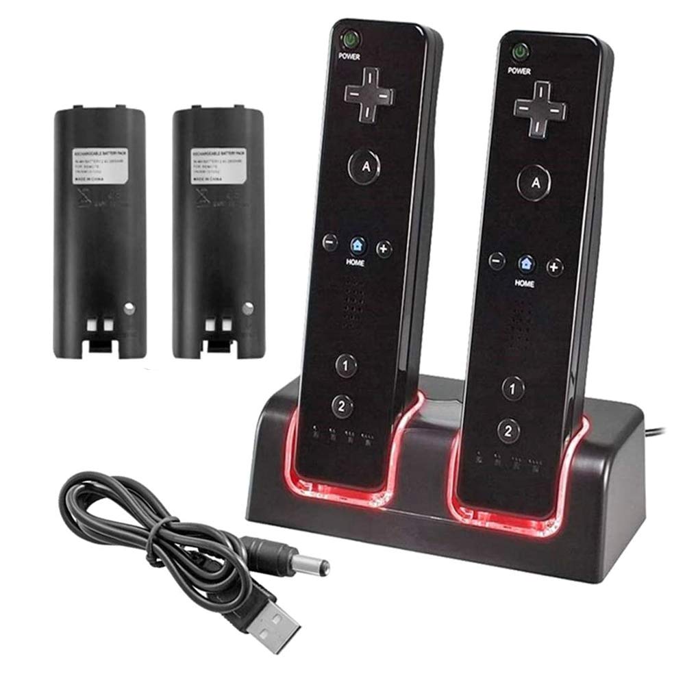 KEEPOWER Wii Controller Charger Station,2 in 1 Dual Charging Dock Station for Nintendo WII/WII U Controllers with Two 2800mAh Rechargeable Battery Pack Black